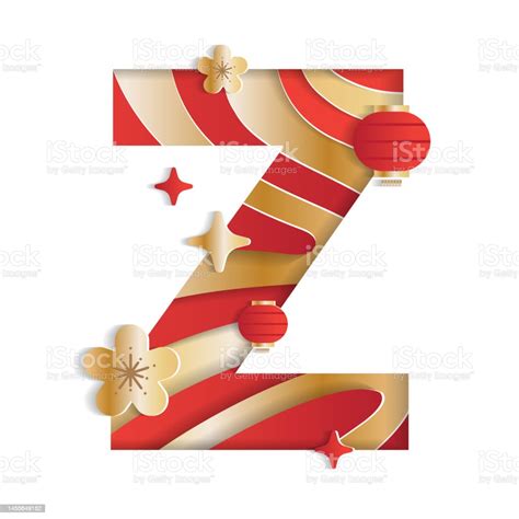 문자 Z 알파벳 글꼴 중국 설날 개념 문자 글꼴 편지 추상 종이 꽃 랜턴 음력 축제 요소 스파클 그라데이션 레드 골드 3d 종이 레이어 컷아웃 카드 벡터 일러스트 레이 션