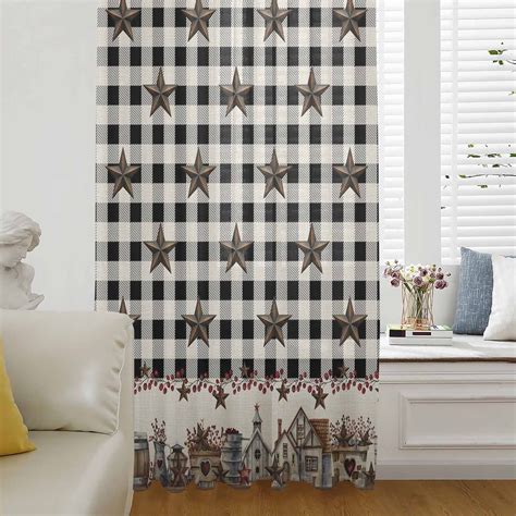Farm Black Window Curtain 96 Inches Long Brown Western Texas Star Plaid