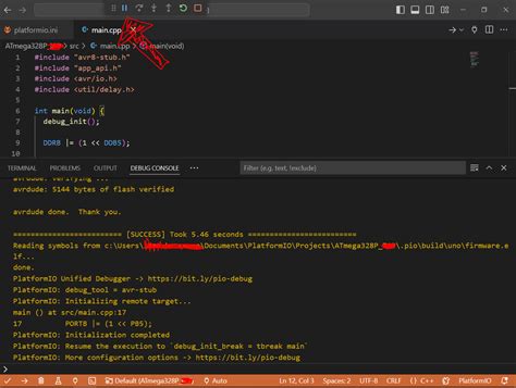 atmega328p debugging avr stub doesn t halt debugging platformio
