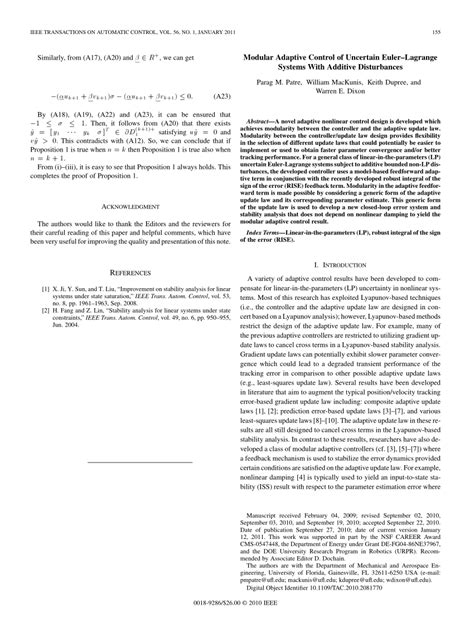 pdf modular adaptive control of uncertain euler lagrange systems with