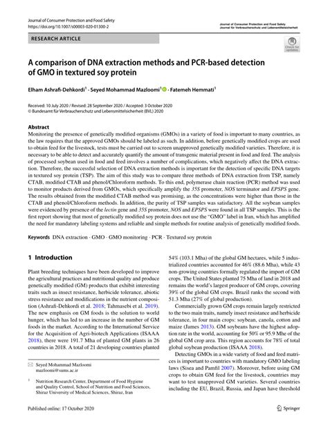 Pdf A Comparison Of Dna Extraction Methods And Pcr Based Detection Of Gmo In Textured Soy Protein