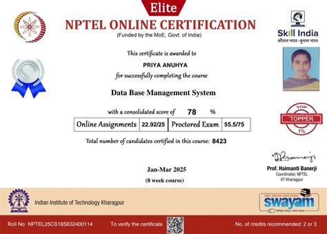 Nptel Databasemanagement Iitkharagpur Onlinelearning Certification