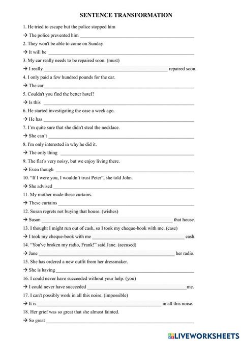 Sentence transformation 1 worksheet | Live Worksheets