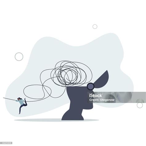 여성 캐릭터는 정신적 문제를 해결하고 자기 수용과 자신을 찾는 방법을 배웁니다 매듭은 질병을 상징합니다플랫 디자인사람들과 함께
