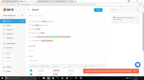 chatbot api ai intent won t save when adding required action stack