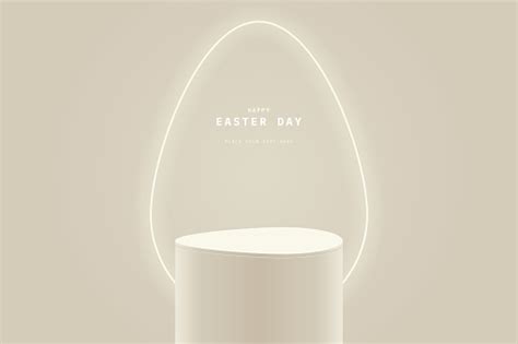 크림 3d 달걀 실린더 연단 받침대 현실적 또는 빛나는 네온 달걀 모양으로 진열장을 위한 무대 모형 제품을 위한 최소한의 벽 장면 3d 벡터 기하학적 플랫폼 행복한 부활절