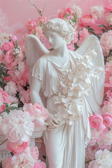 Elegant Angel Sculpture With Pink Floral Backdrop Pink Angel