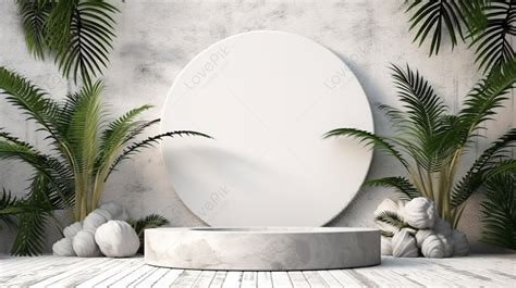 야외 3d 렌더링 종려나무 잎이 비어 있는 흰 돌 연단을 둘러싸고 있습니다 연단 배경 손바닥 배경 흰 잎 배경 이미지 Hd 연단 손바닥 흰 잎 배경 사진 무료