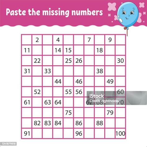 누락된 숫자를 1에서 100으로 붙여 넣습니다 필기 연습 아이들을위한 학습 번호 워크시트를 개발하는 교육 활동 페이지입니다 어린이를위한 게임 0명에 대한 스톡 벡터 아트 및