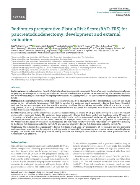 Pdf Radiomics Preoperative Fistula Risk Score Rad Frs For Pancreatoduodenectomy Development