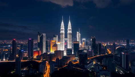 Illuminated Modern City Skyline At Night Kuala Lumpur Petronas Towers