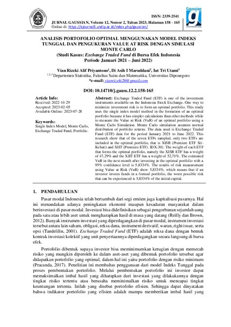 Pdf Analisis Portofolio Optimal Menggunakan Model Indeks Tunggal Dan Pengukuran Value At Risk