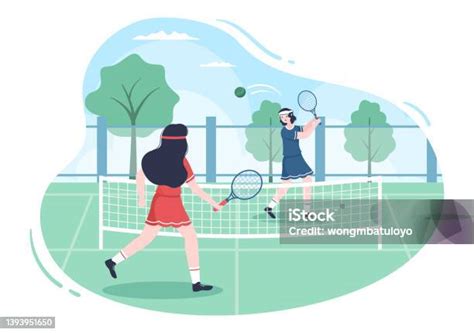 손에 라켓을 들고 코트에서 공을 가진 테니스 선수 플랫 카툰 일러스트레이션에서 스포츠 경기를하는 사람들 건강한 생활방식에 대한 스톡 벡터 아트 및 기타 이미지 Istock