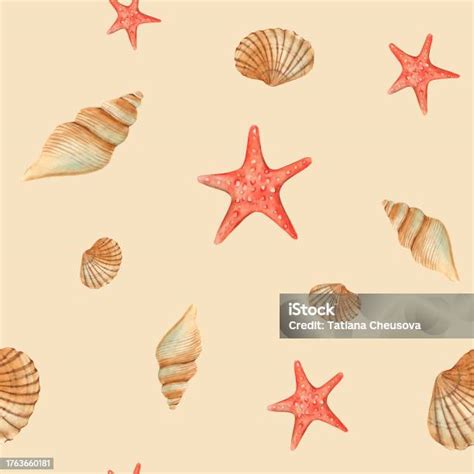 베이지 색 배경에 빨간 불가사리와 조개와 함께 바다 손으로 그린 완벽한 패턴을 손으로 그린 수채화 직물 섬유 아기 옷 벽지 해양 해변 디자인 갑각류에 대한 스톡 벡터 아트