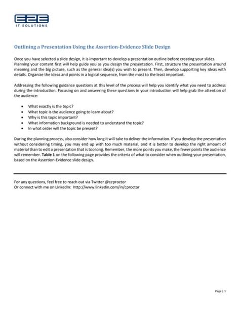 Outlining A Presentation Using The Assertion Evidence Design Pdf