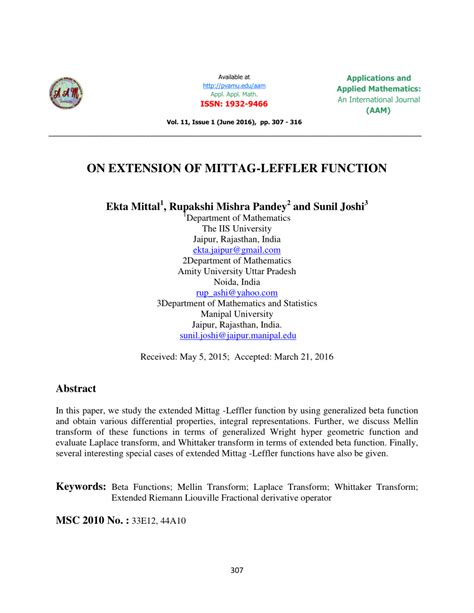 Pdf On Extension Of Mittag Leffler Function