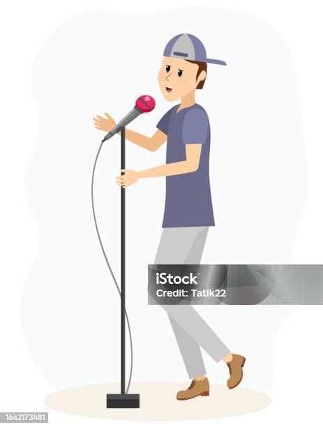 뮤지컬 콘서트 모자를 쓰고 마이크를 든 십대 소년은 노래방이나 녹음 스튜디오에서 노래를 부른다 Classical Concert에 대한 스톡 벡터 아트 및 기타 이미지