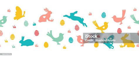 토끼 나비와 새와 원활한 부활절 벡터 경계 수평 패턴 부활절 토끼와 달걀 실루엣을 반복합니다 카드 패브릭 트림 풋터 헤더 디바이더 리본을 위한 귀여운 테두리 부활제에 대한