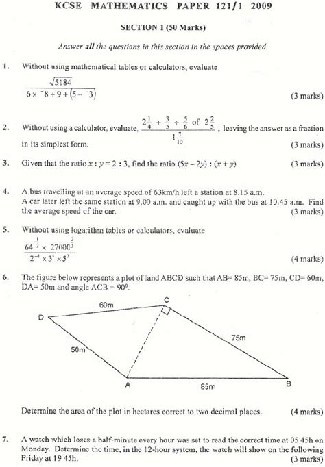 kcsepaper 2009 kcse mathematics paper 1