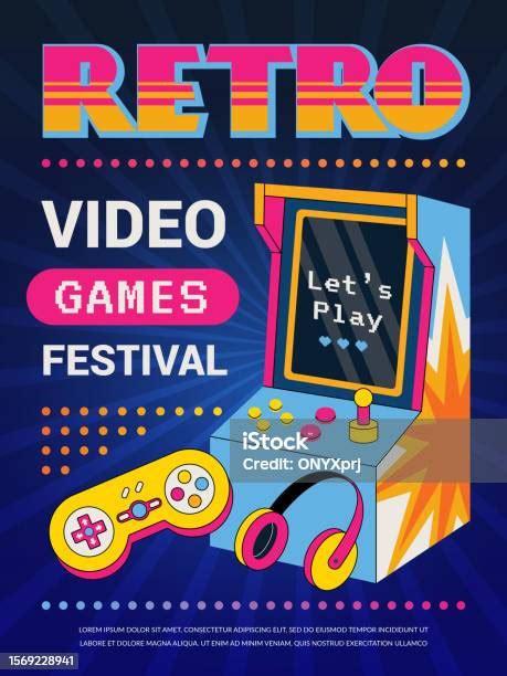 레트로 게임 포스터 빈티지 게임 가제트 파티 초대장 플래카드 복고풍 스타일 텍스트가 있는 최근 벡터 템플릿 복고풍 게임 포스터 삽화 1980 1989 년에 대한 스톡 벡터