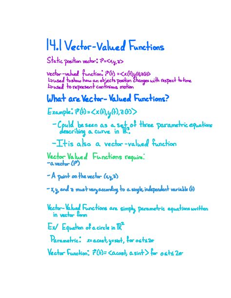 chapter 14 notes what are vector valued functions what they require