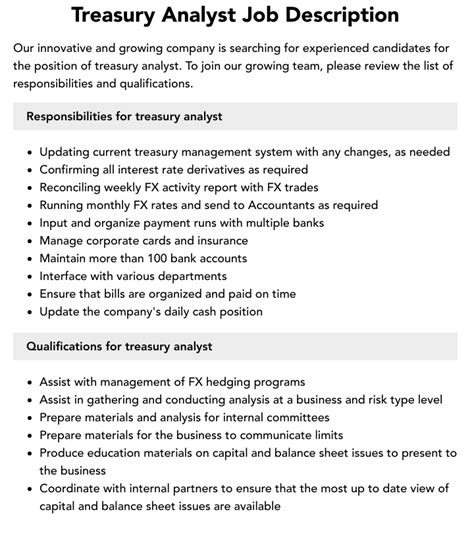 Treasury Analyst Job Description Velvet Jobs