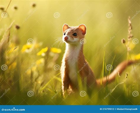 Cute Little Weasel On Green Grass In Sunny Summer Day Made With