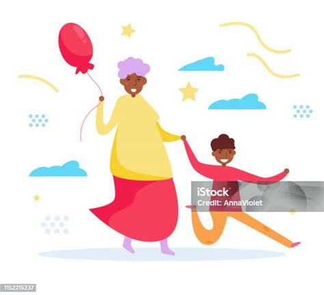 할머니는 손자의 벡터로 걷는다 만화 흰색 바탕에 고립 된 예술 플랫 귀여운에 대한 스톡 벡터 아트 및 기타 이미지 귀여운