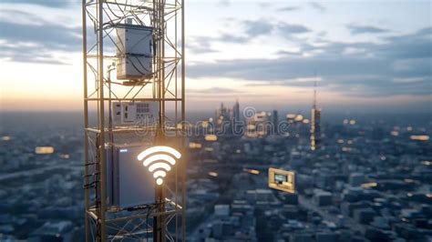 Modern 5g Communication Tower Transmitting Signals Over Urban Landscape At Sunset Capturing The