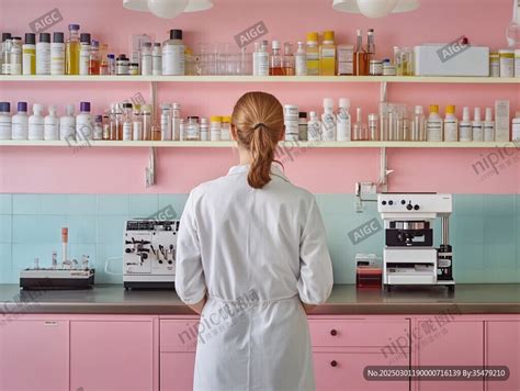 Ai创作图女科学家 实验室 工作 瓶子 试管 显微镜 粉色墙壁 蓝色瓷砖 白色实验服 科学设备 数据分析 化学实验 生物研究 实验室技术 科学发现 昵图网