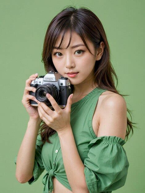 A Cute Asian Girl Holding A Camera Very Cool Premium Ai Generated Image