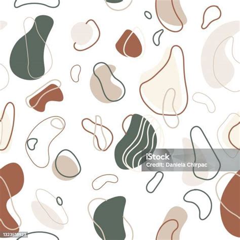 창조적 인 요소와 지구 색조와 아메바 원활한 패턴 개념 현대 미술 액체와 물결 모양의 미니멀한 얼룩으로 배경을 반복하십시오