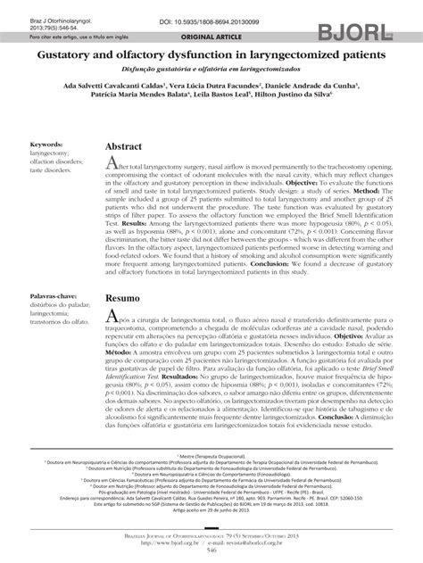 Pdf Gustatory And Olfactory Dysfunction In Laryngectomized Patients