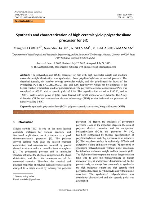 Pdf Synthesis And Characterization Of High Ceramic Yield Polycarbosilane Precursor For Sic