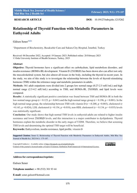 Pdf Relationship Of Thyroid Function With Metabolic Parameters In