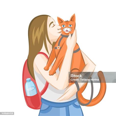 회색 가죽 끈에 생강 고양이와 갈색 머리 소녀 고립 된 흰색 벡터 이미지 가축에 대한 스톡 벡터 아트 및 기타 이미지 가축