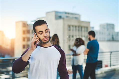 Man Phone Call And Listen Outdoor On Balcony At Party Sunset And Waiting For Date With Mobile