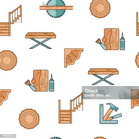 목재 목재 제품 작업을위한 목수 도구 테이블 계단 장식 인테리어 작업장 흰색 배경에 색칠된 아이콘의 매끄러운 벡터 배경 목공에 대한 스톡 벡터 아트 및 기타 이미지 Istock
