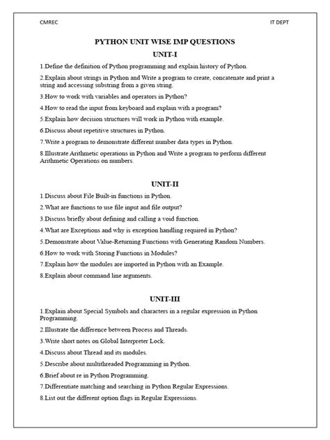 Python Important Questions For Btech 1st Year Pdf Python