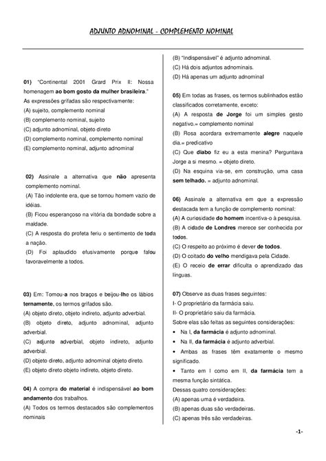 Exercícios Adjunto Adnominal E Adverbial Braincp