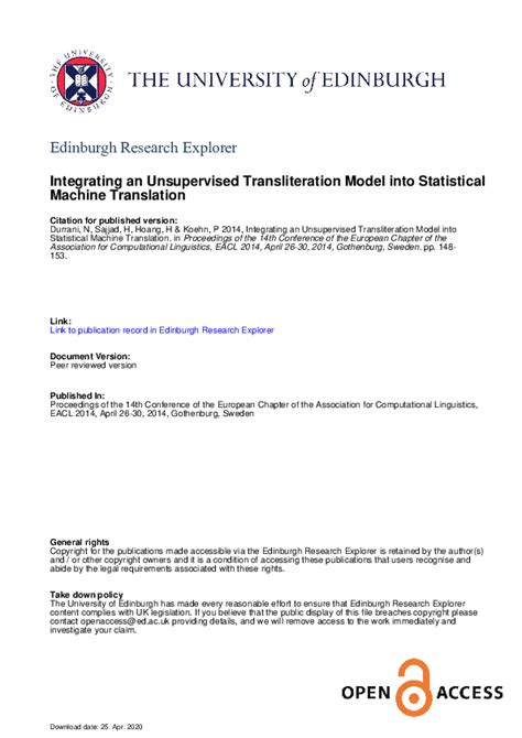 Pdf Integrating An Unsupervised Transliteration Model Into Statistical Machine Translation