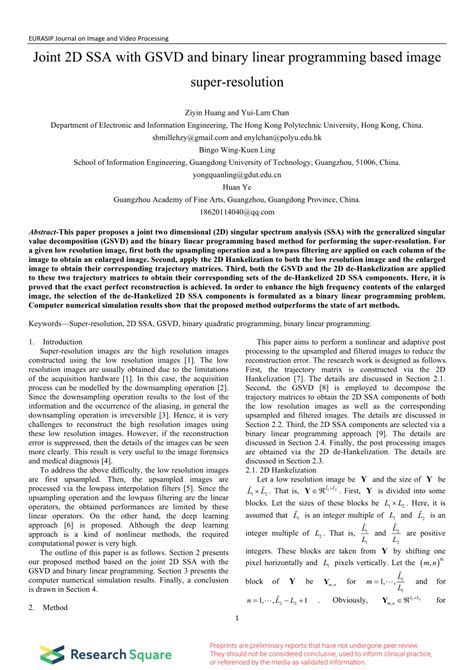 pdf joint 2d ssa with gsvd and binary linear programming based image super resolution