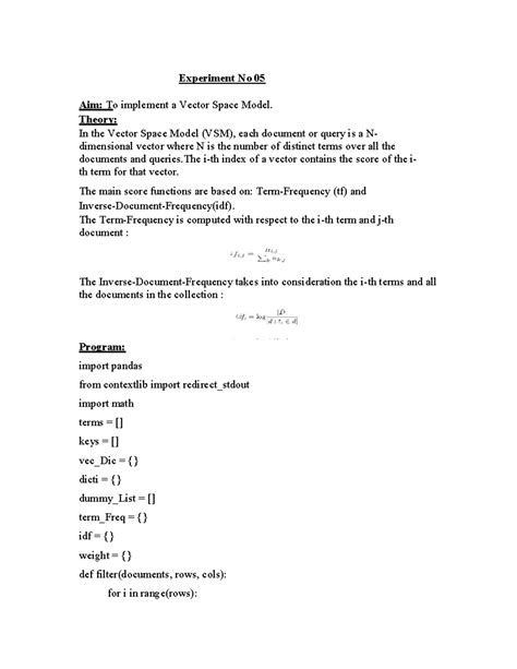 115 Ir 5 Information Retrieval Experiment No 05 Aim To Implement A Vector Space Model
