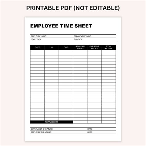 Editable Employee Time Sheet Clock In Out Sheet Time Card Work Log Small Business Template