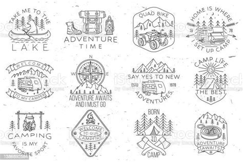 캠핑 배지 패치 세트 벡터 그림입니다 셔츠 나 아이콘 인쇄 스탬프 또는 티에 대한 개념 카누 호수 숲에 곰빈티지 라인 아트 디자인 캠핑에 대한 스톡 벡터 아트 및 기타