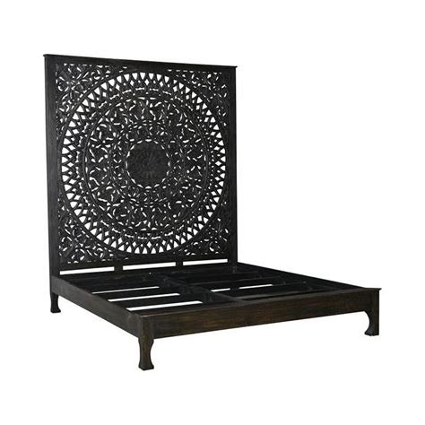 Homeroots 521089 Carved Medallion Solid Wood Bed Black Queen Size