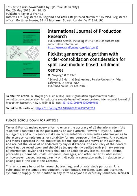 Pdf Picklist Generation Algorithm With Order Consolidation