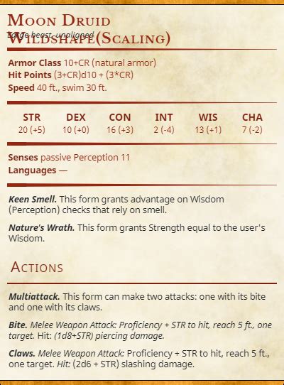 [oc] Statblock For Scaling Moon Druid Wildshape Form Based Off Of Bear