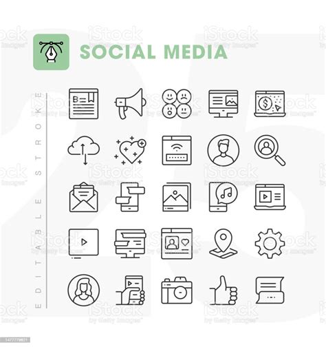 소셜 미디어 라인 아이콘 세트 편집 가능한 스트로크 픽셀 완벽한 0명에 대한 스톡 벡터 아트 및 기타 이미지 0명 개념