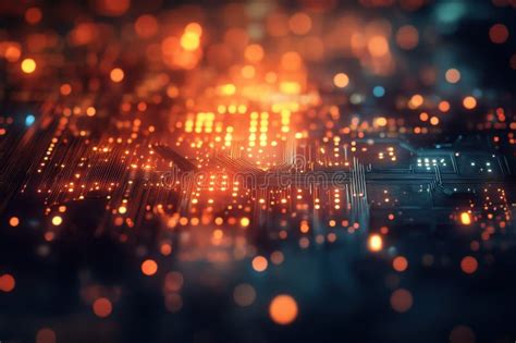 Brightly Illuminated Circuit Board With Intricate Patterns And Glowing Elements At Night Stock